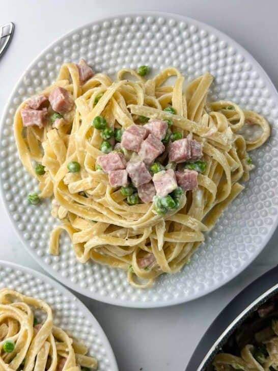 Easy Creamy Pasta with Ham and Peas - Seasoned Sprinkles